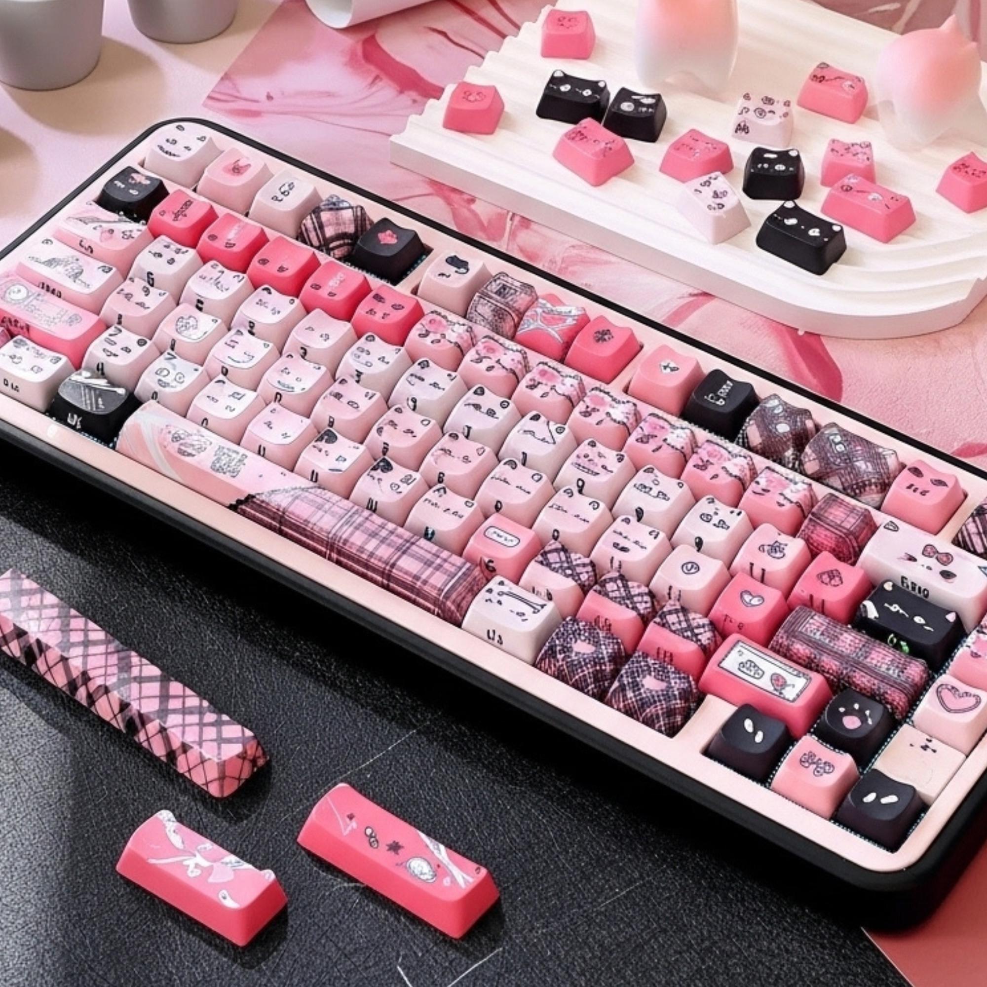 Cute Black Pink Cat Keycaps Set, Cherry Profile PBT Keycaps Set, Side ...