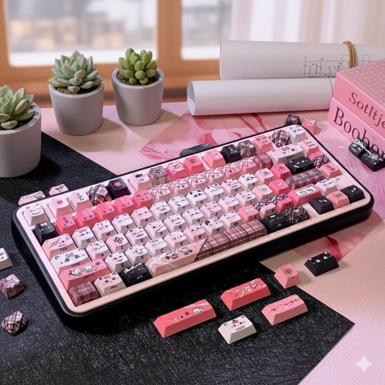 Cute Black Pink Cat Keycaps Set, Cherry Profile PBT Keycaps Set, Side ...