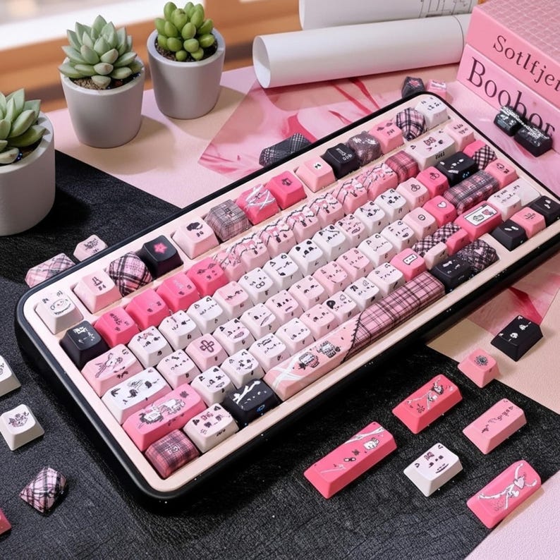 Cute Black Pink Cat Keycaps Set, Cherry Profile PBT Keycaps Set, Side ...