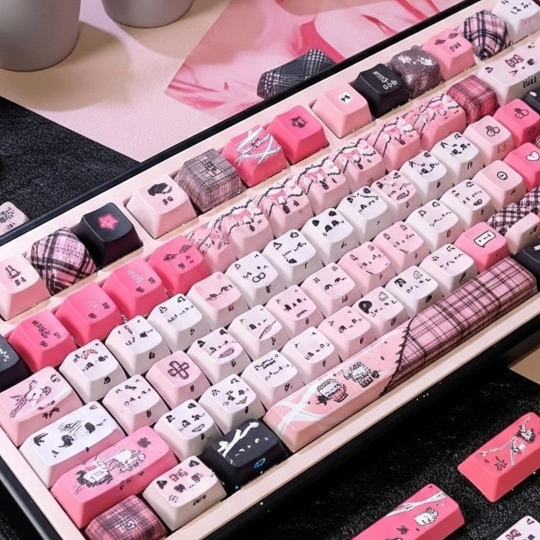 Cute Black Pink Cat Keycaps Set, Cherry Profile PBT Keycaps Set, Side ...