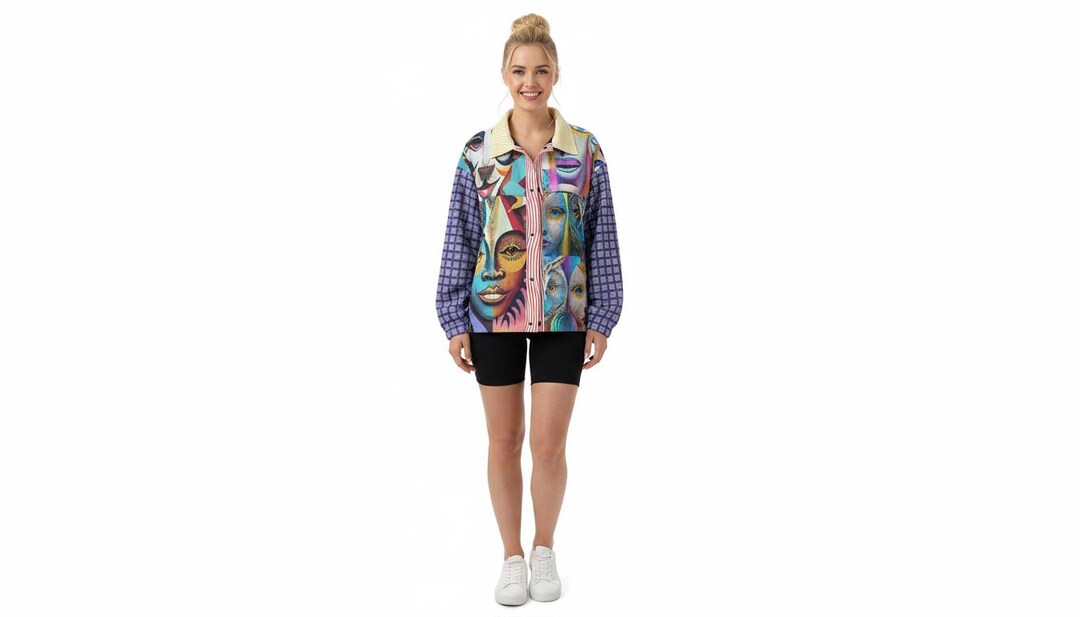 Cubist Alien Faces Collage Jacket – Navy Aqua Red Yellow Patchwork | No ...