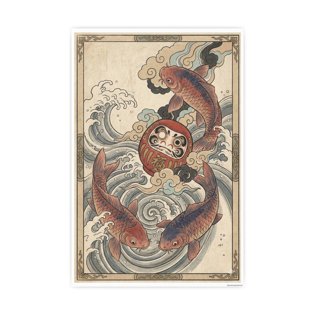 Three Koi and Daruma Fortune Wall Art Print, Japanese Lucky Fish Poster ...