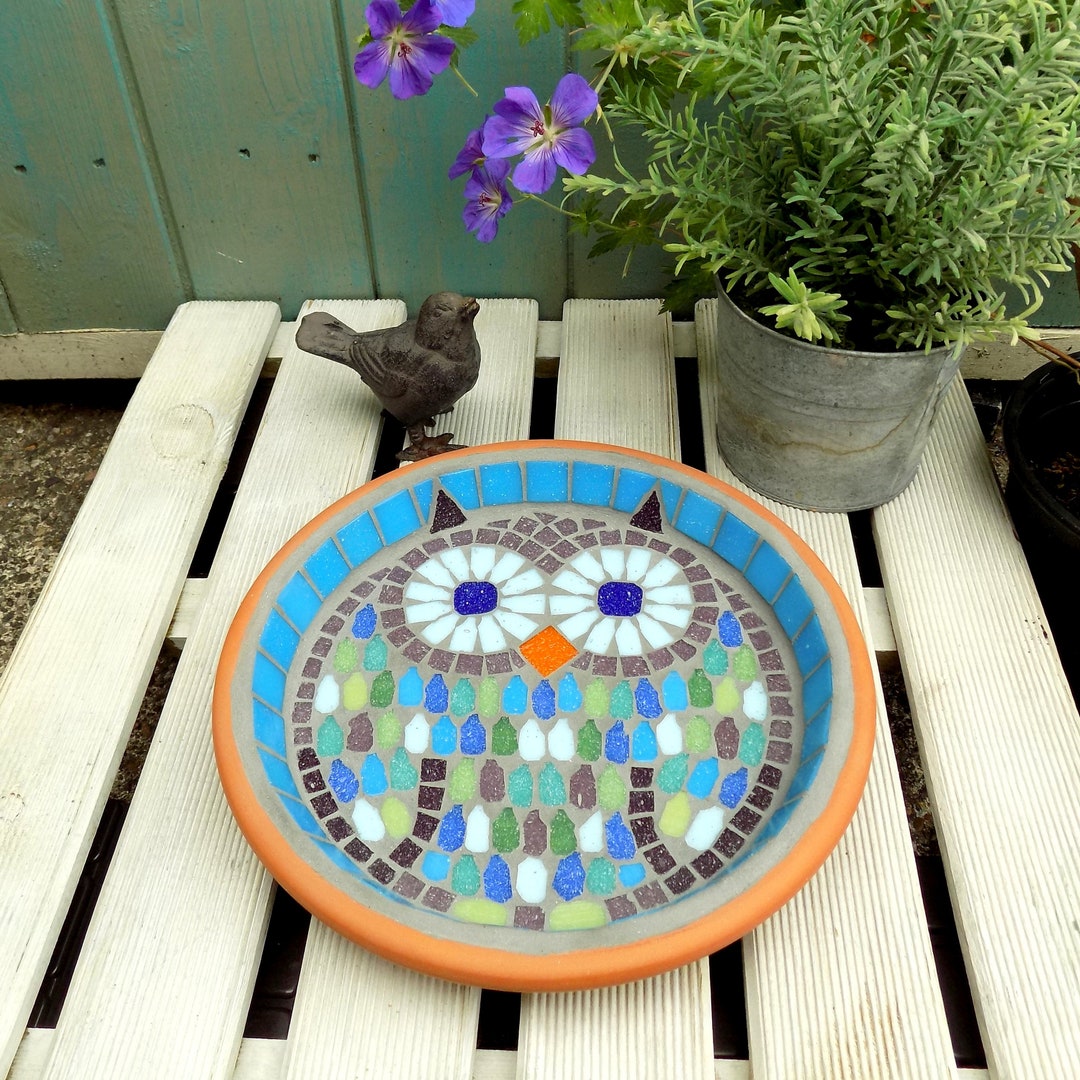 Turquoise Owl Mosaic Garden Bird Bath Ornament Decoration - Etsy