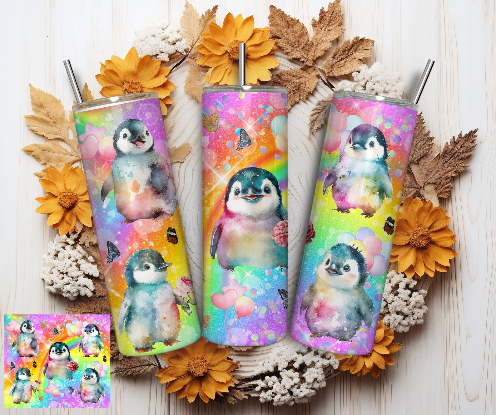 Penguin Tumbler Sublimation PNG, Glitter Tumbler Wrap, Glitter Penguin Tumbler, Rainbow Glitter ...