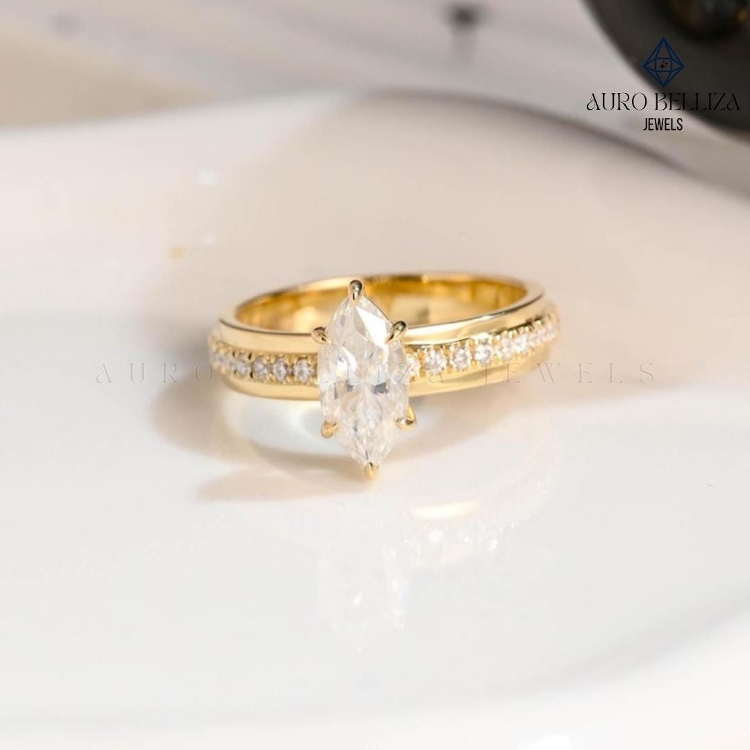 2 CT Marquise Moissanite Engagement Ring, Channel Set Pave Ring, 14K ...