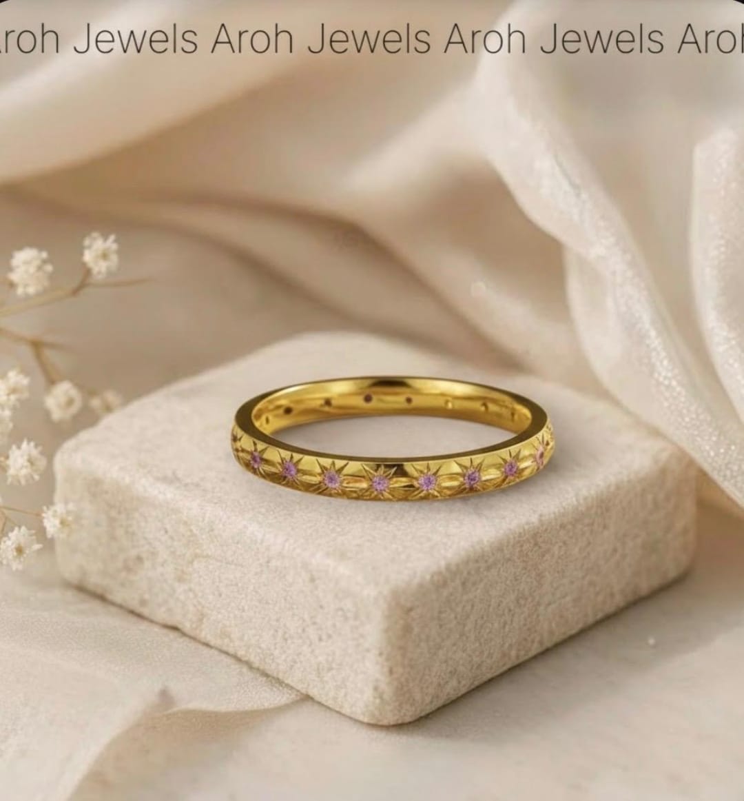 Pink Diamond Star Band 14k Yellow Gold, Celestial Eternity Ring, Pink ...