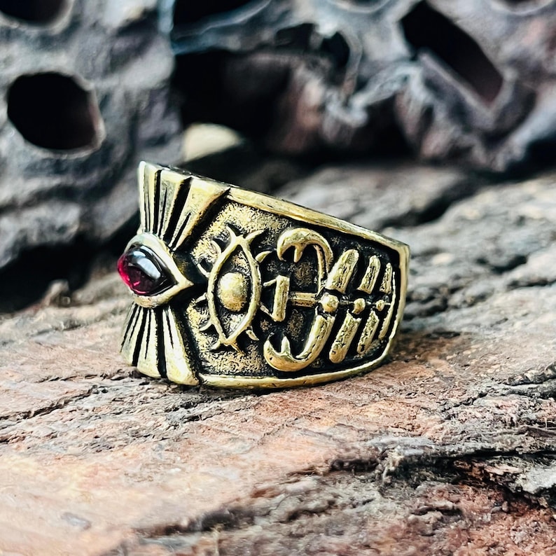 Garnet Eye Brass Ring | Carved Symbol Band Ring | Gold Plated Statement ...