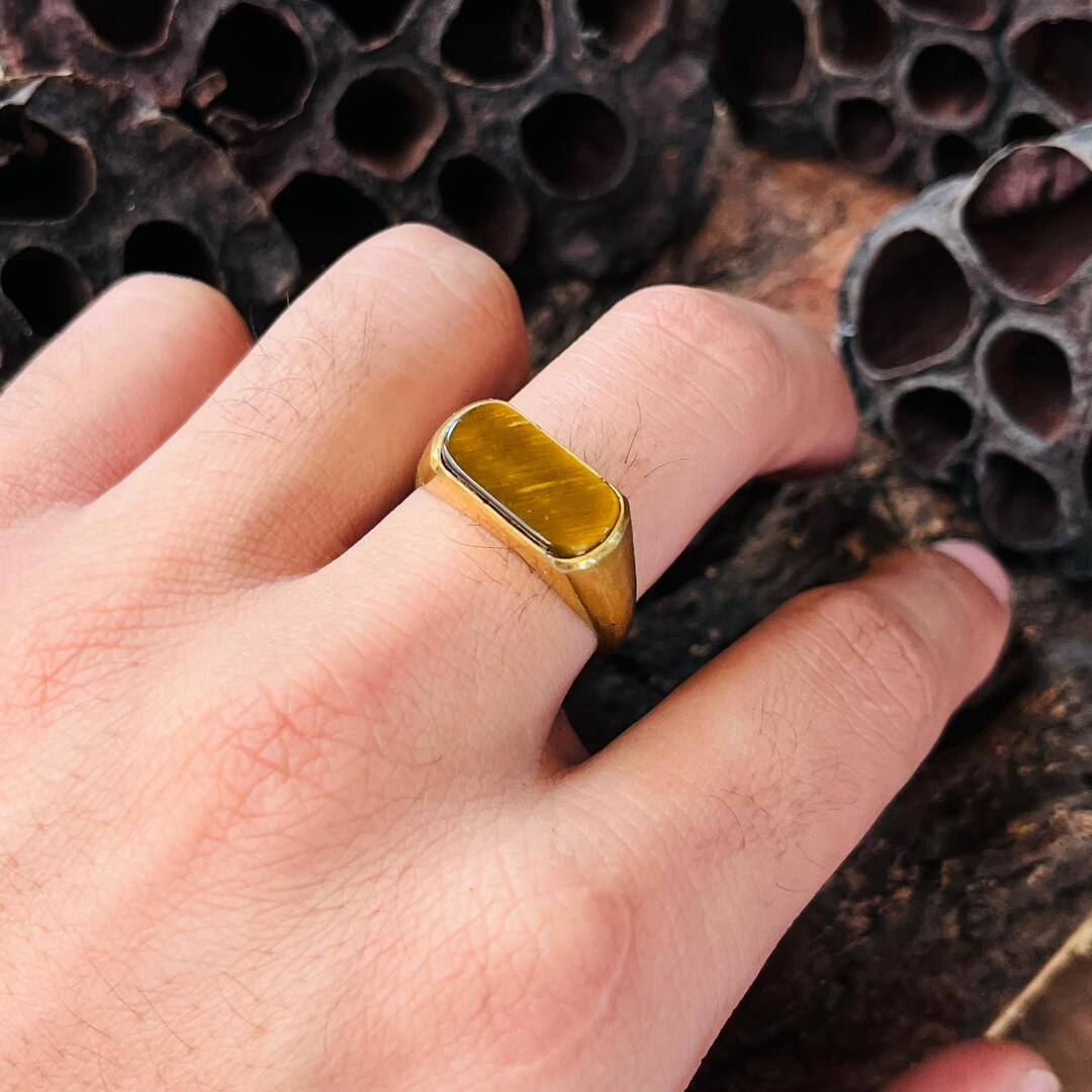 Tiger Eye Signet Ring for Men | Minimal Vintage Signet Ring | Gold ...