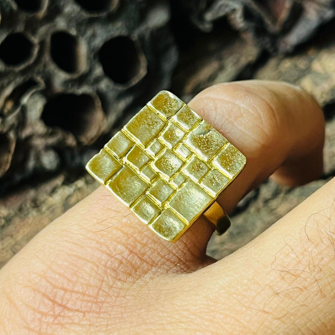 Gold Square Signet Ring Men | Textured Block Pattern Ring | Gold Plated ...