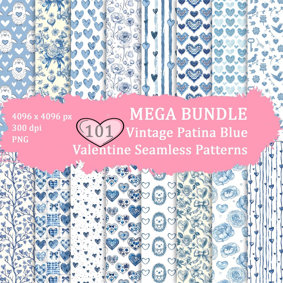 MEGA BUNDLE 101 | Valentine Patina Blue | Vintage | Seamless Pattern ...