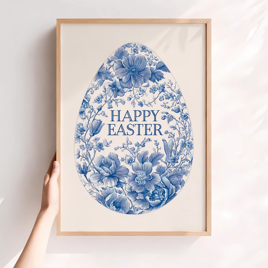 Chinoiserie Easter Poster | Patina Blue Floral Egg | Minimalistic Toile ...
