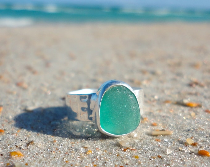 Teal Hammered Sea Glass Ring, Wide Band Sterling Silver Ring, Sea Glass Jewelry, Ocean Ring ...