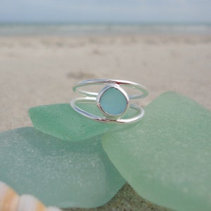 Aquamarine Blue Sea Glass Ring, Unique Beach Glass Ring, Double Wire ...
