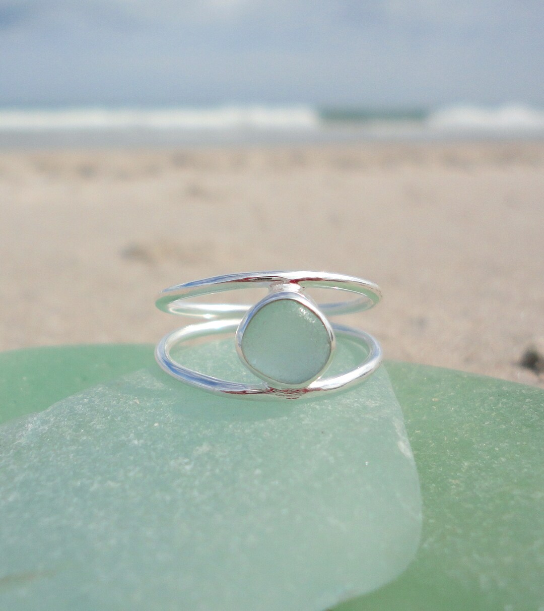 Sea Foam Sea Glass Ring, Unique Beach Glass Ring, Double Wire Sterling ...