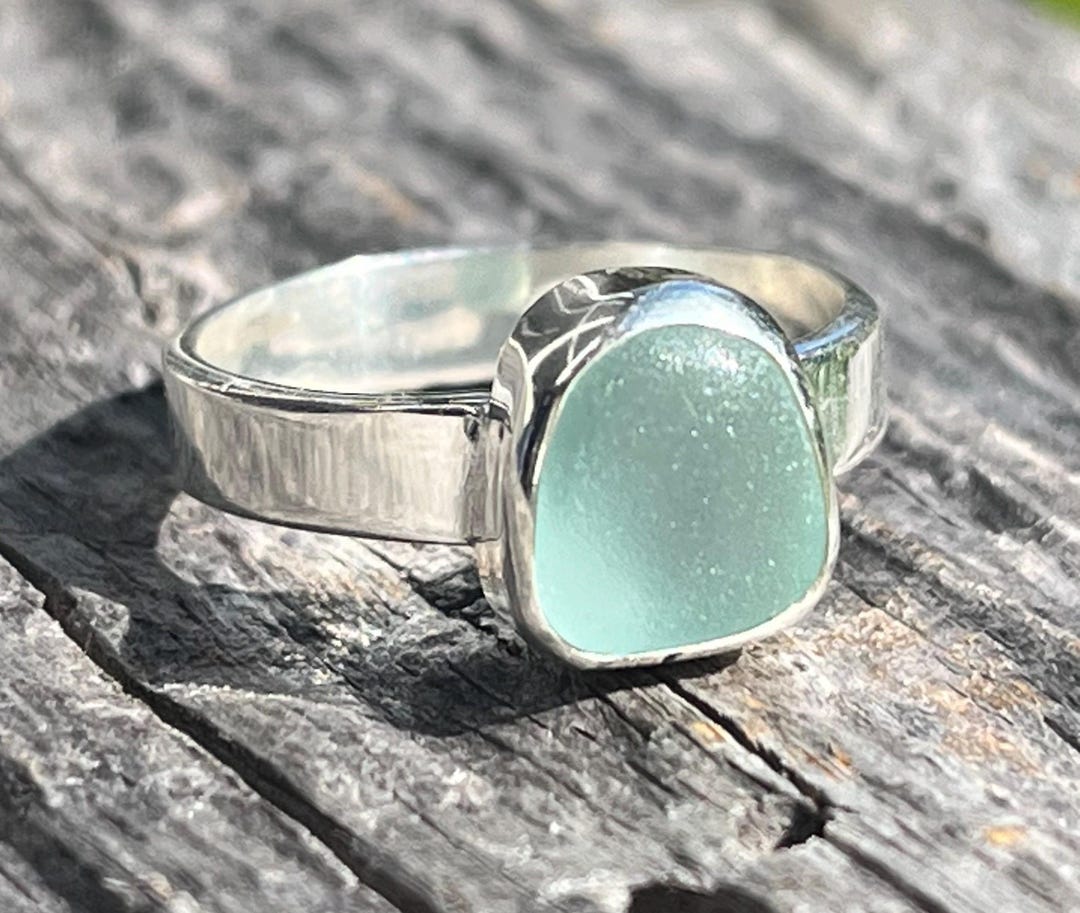 Sea Foam Sea Glass Ring Sterling Silver Wide Band Ring Sea Glass ...