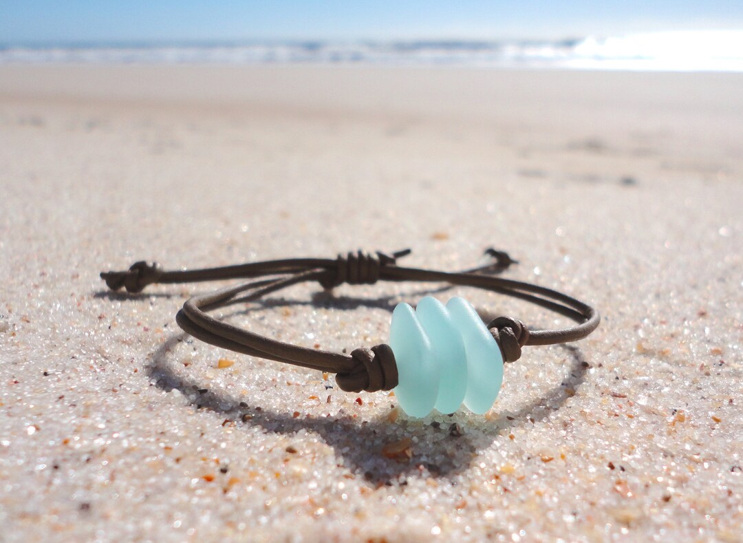 Leather Sea Glass Bracelet Beach Glass Bracelet Adjustable Handmade ...