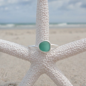 Teal Sea Glass Ring, Thin Sterling Silver Minimalist Beach Ring, Sea ...