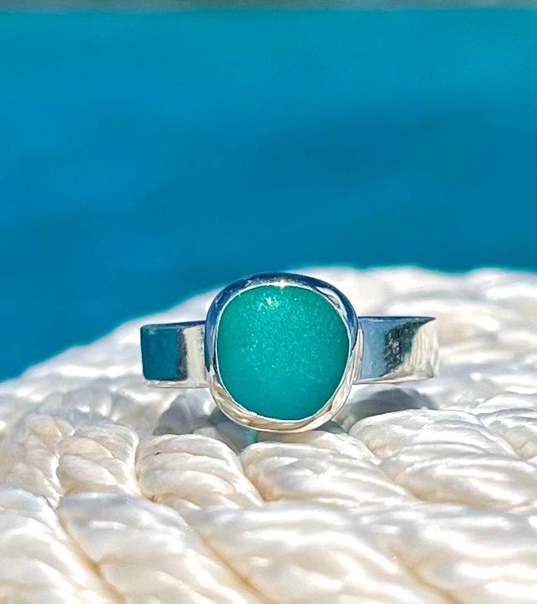Teal Green Sea Glass Ring Sterling Silver Wide Band Ring Sea Glass ...