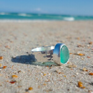 Teal Hammered Sea Glass Ring, Wide Band Sterling Silver Ring, Sea Glass ...