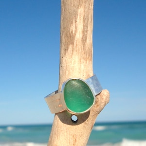 Teal Hammered Sea Glass Ring, Wide Band Sterling Silver Ring, Sea Glass ...