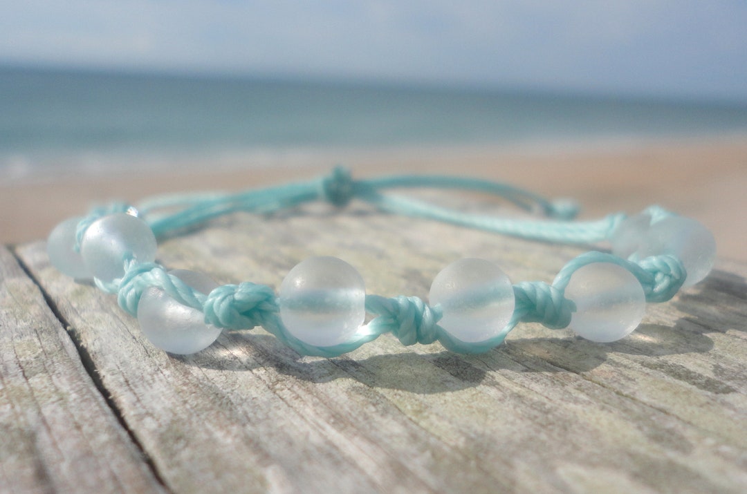 Aqua and White Sea Glass Woven Bracelet--adjustable Waterproof Bracelet ...