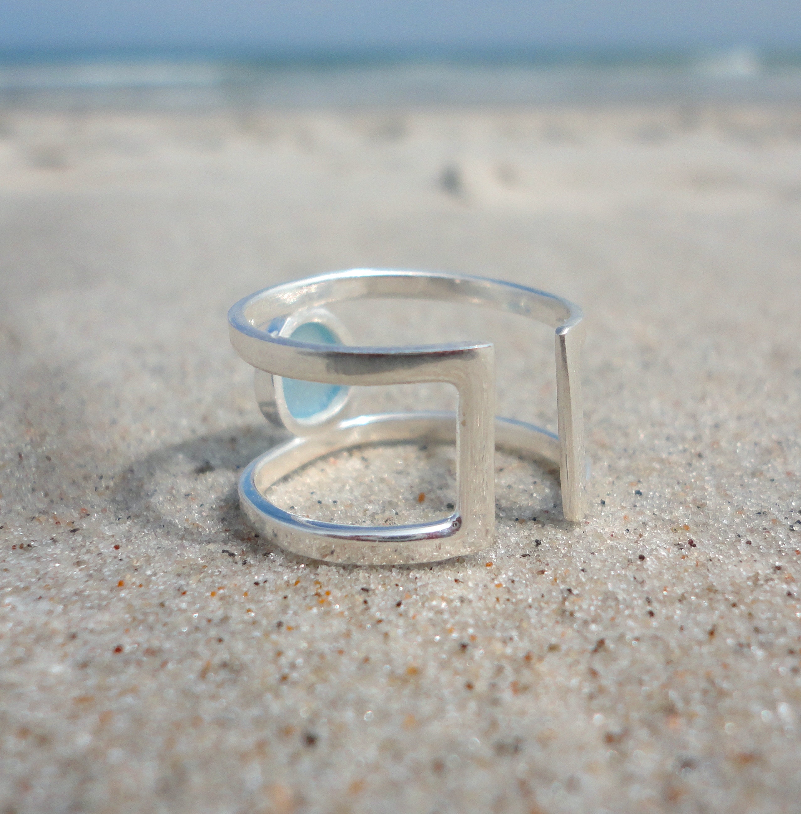 Unique Sea Glass Ring, Double Wire Sterling Silver Cuff Ring, Sea Glass ...