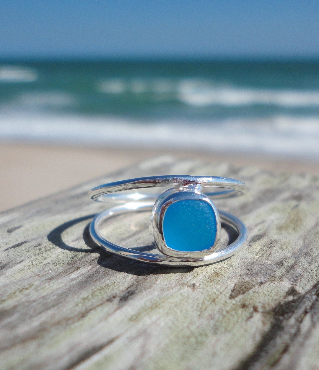 Aquamarine Blue Sea Glass Ring, Unique Beach Glass Ring, Double Wire ...