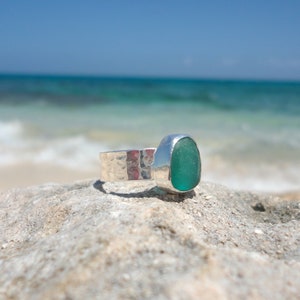 Teal Hammered Sea Glass Ring, Wide Band Sterling Silver Ring, Sea Glass ...