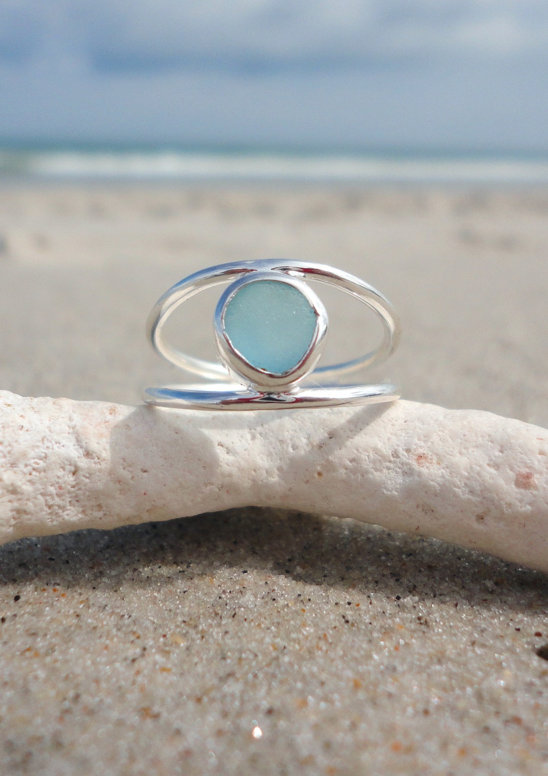 Aquamarine Blue Sea Glass Ring, Unique Beach Glass Ring, Double Wire Sterling Silver Ring, Sea ...