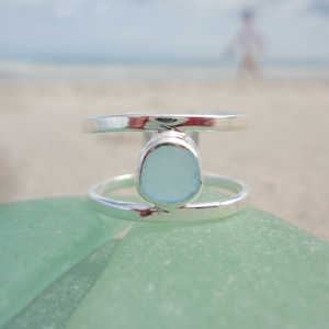 Unique Sea Glass Ring, Double Wire Sterling Silver Cuff Ring, Sea Glass ...