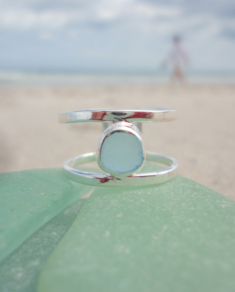 Unique Sea Glass Ring, Double Wire Sterling Silver Cuff Ring, Sea Glass ...