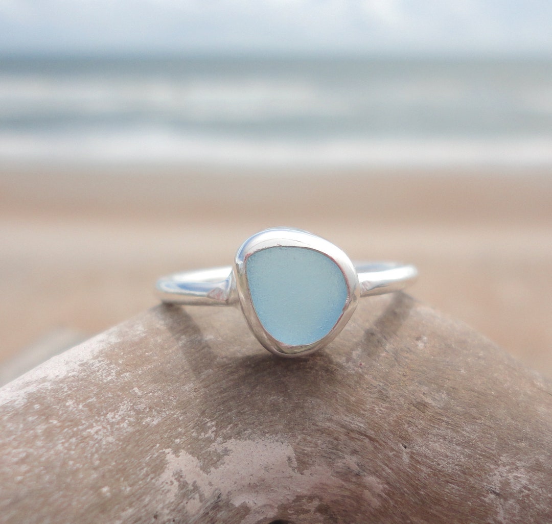 Light Blue Sea Glass Thin Band Ring--sterling Silver Minimalist Beach ...