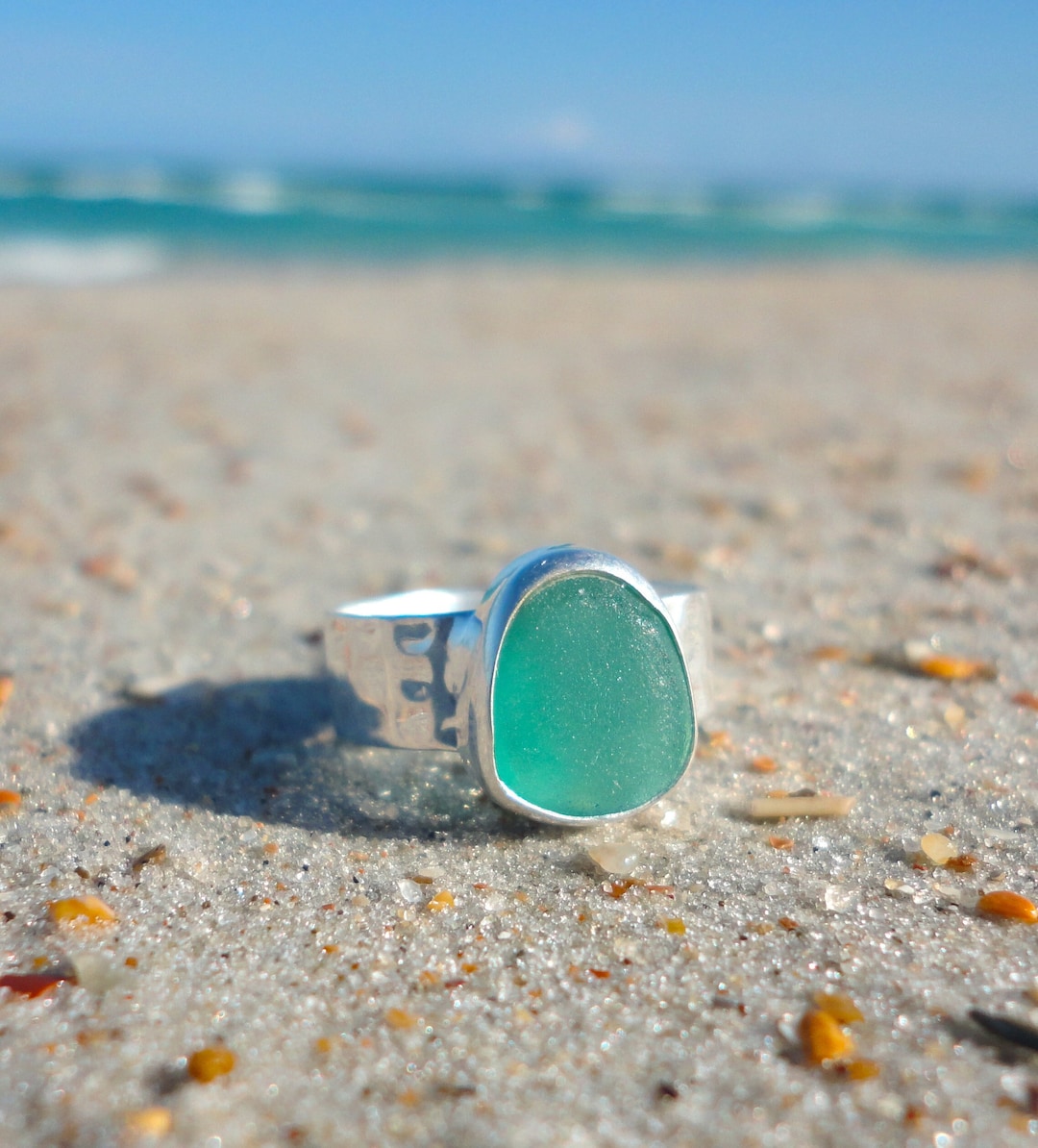 Teal Hammered Sea Glass Ring, Wide Band Sterling Silver Ring, Sea Glass ...