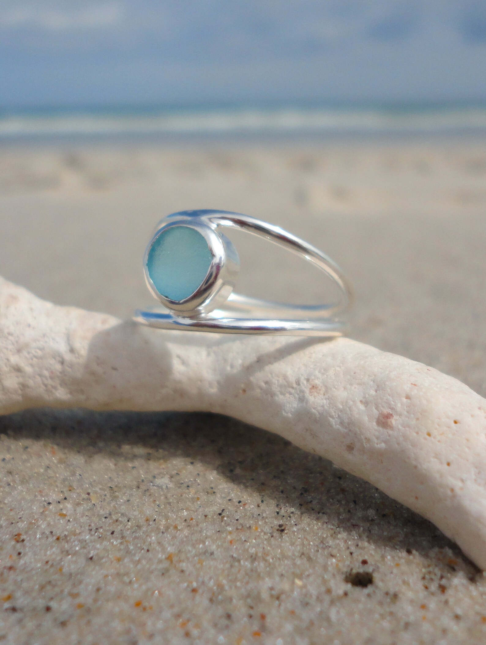Aquamarine Blue Sea Glass Ring, Unique Beach Glass Ring, Double Wire ...