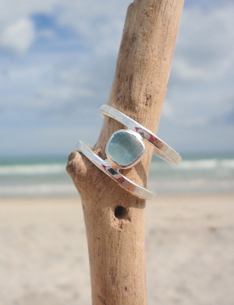 Unique Sea Glass Ring, Double Wire Sterling Silver Cuff Ring, Sea Glass ...
