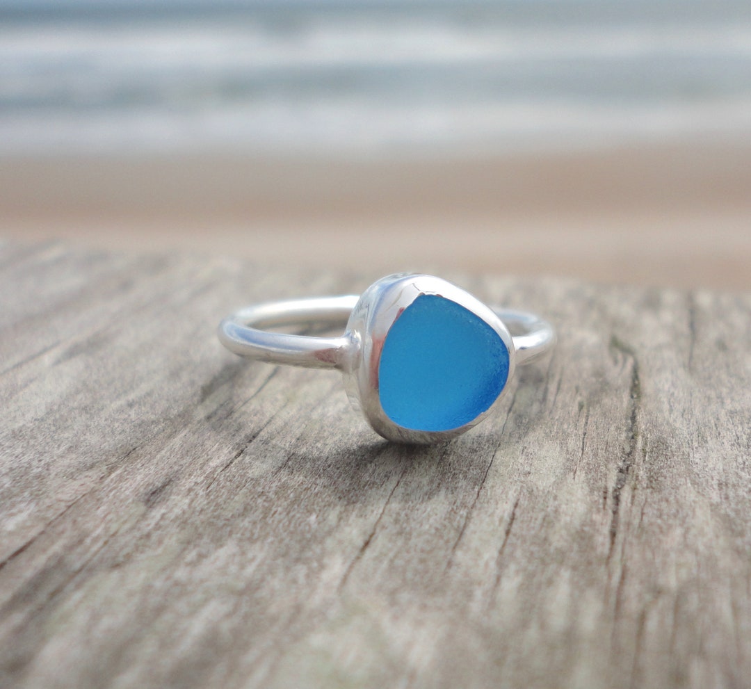 Cobalt Blue Sea Glass Thin Band Ring Sterling Silver Minimalist Beach ...