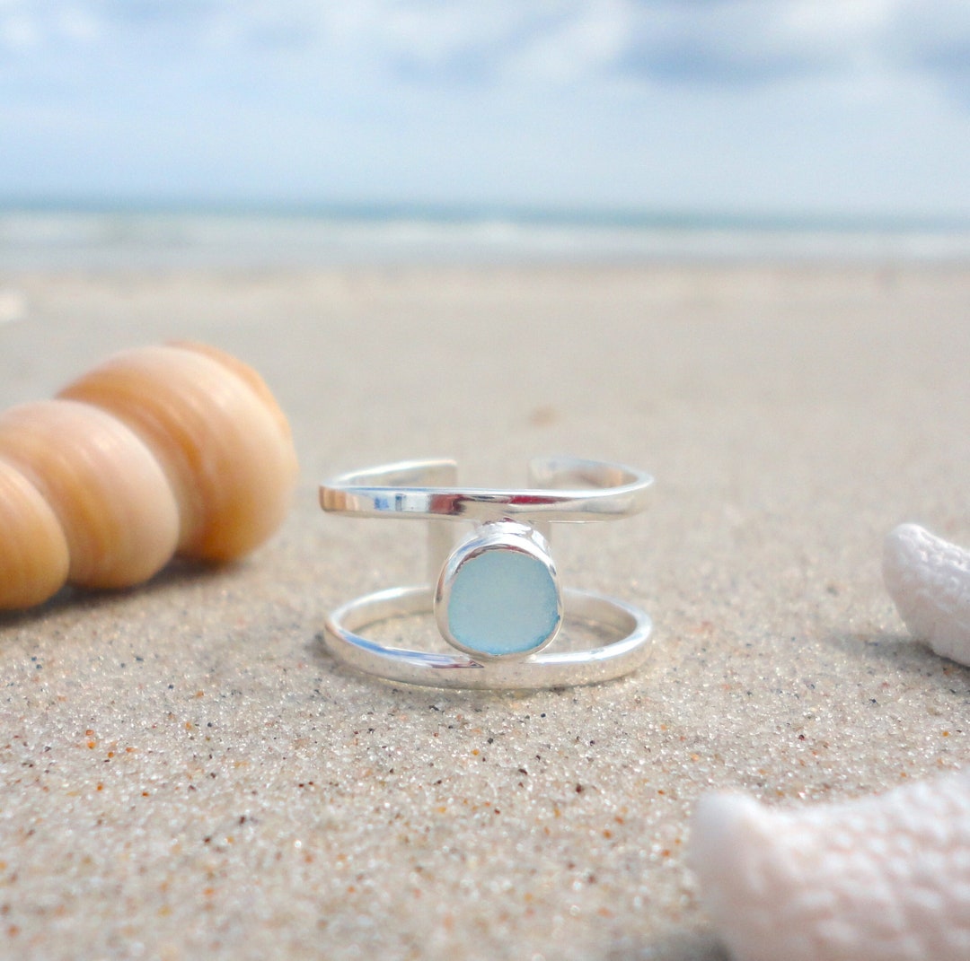 Unique Sea Glass Ring, Double Wire Sterling Silver Cuff Ring, Sea Glass ...