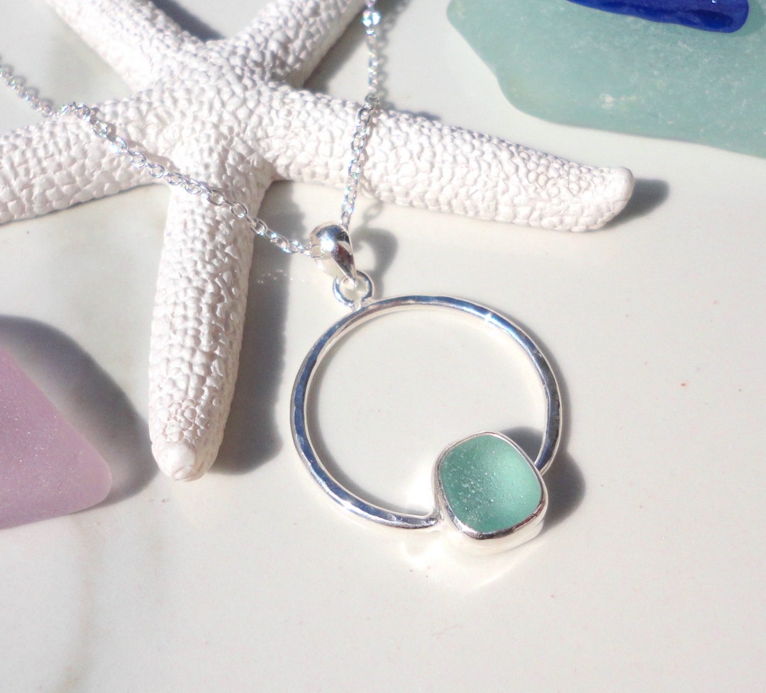 Sea Glass Circle Necklace With Aqua Sea Glass Sterling Silver Circle ...