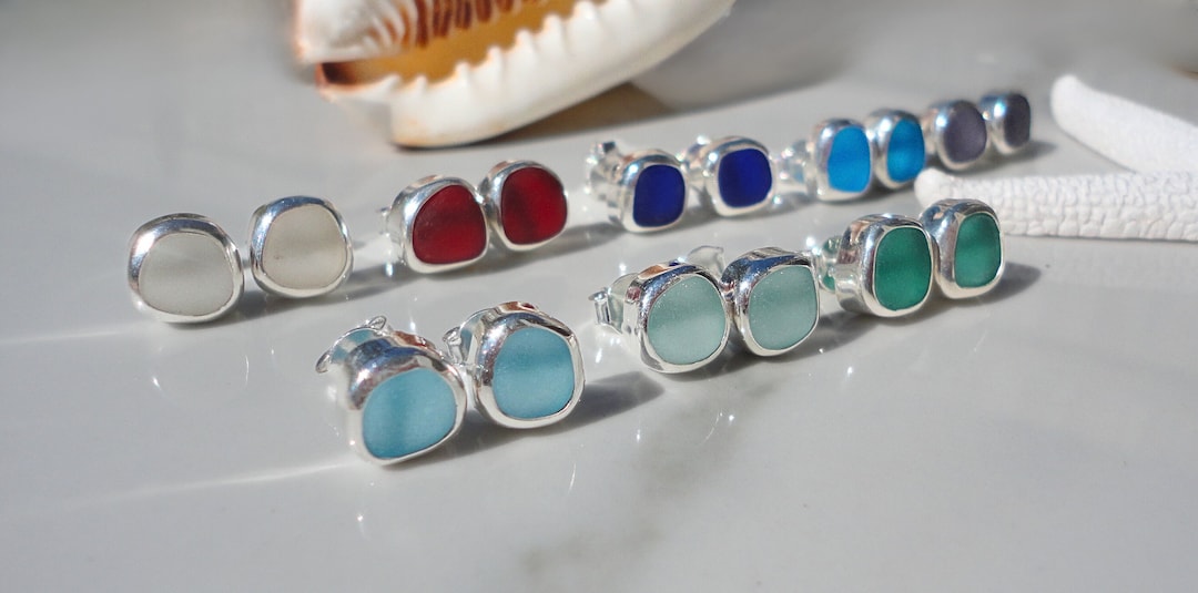 Stud Earrings Sea Glass Earrings Sterling Silver Beach Glass Earring ...