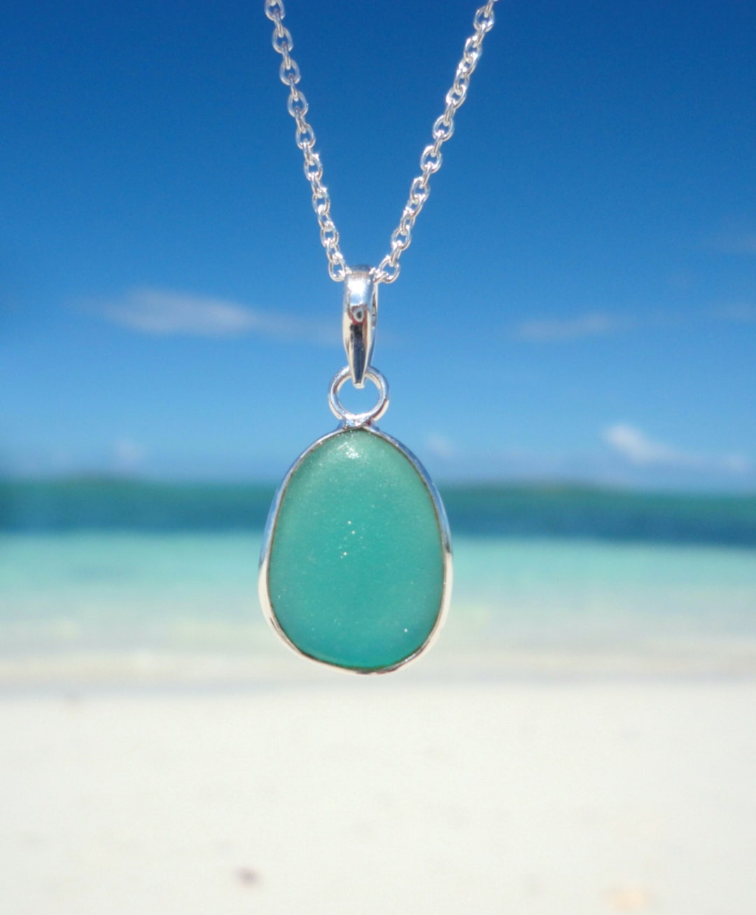 Teal Sea Glass Necklace, Sterling Silver Wire Wrapped Beach Glass ...