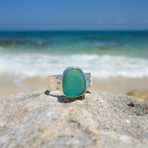 Teal Hammered Sea Glass Ring, Wide Band Sterling Silver Ring, Sea Glass ...
