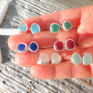 Teal Green Sea Glass Stud Earrings May Birthstone Jewelry Sterling ...
