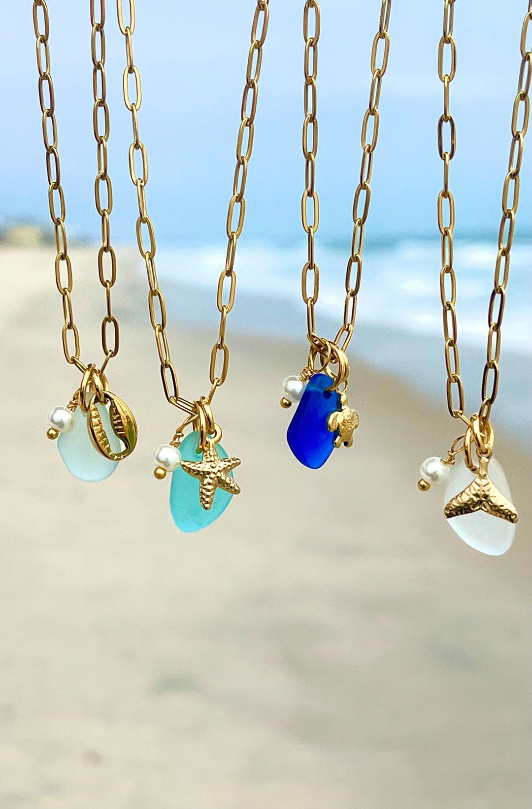 Custom Charm Sea Glass Necklace 18k Gold Plated Coastal Necklace Choose ...