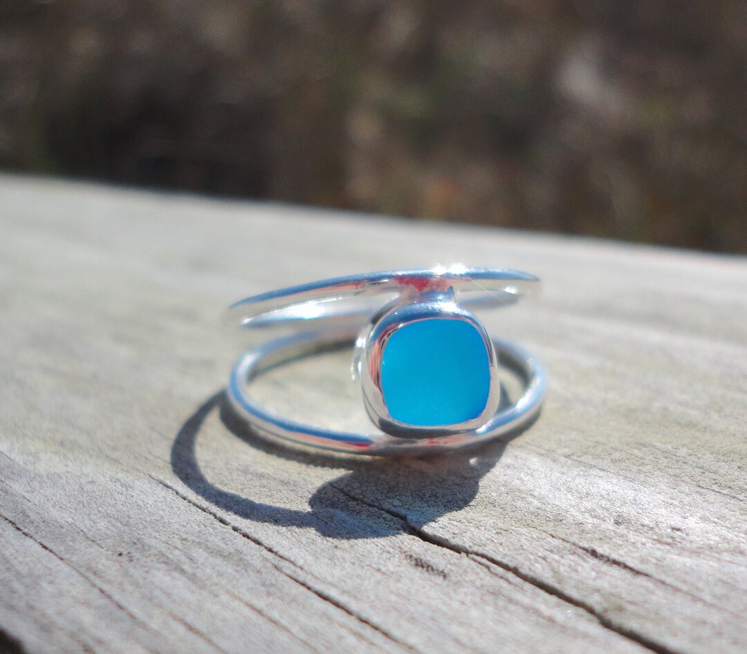Cobalt Blue Sea Glass Ring, Unique Beach Glass Ring, Double Wire ...