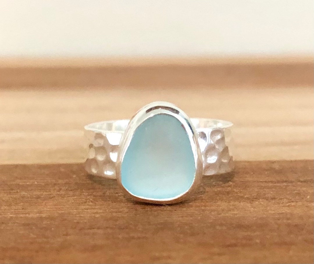 Light Blue Hammered Sea Glass Ring-sterling Silver Thick Band Ring--sea ...