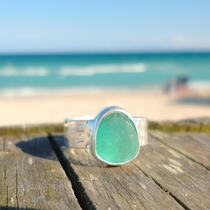 Teal Hammered Sea Glass Ring, Wide Band Sterling Silver Ring, Sea Glass ...