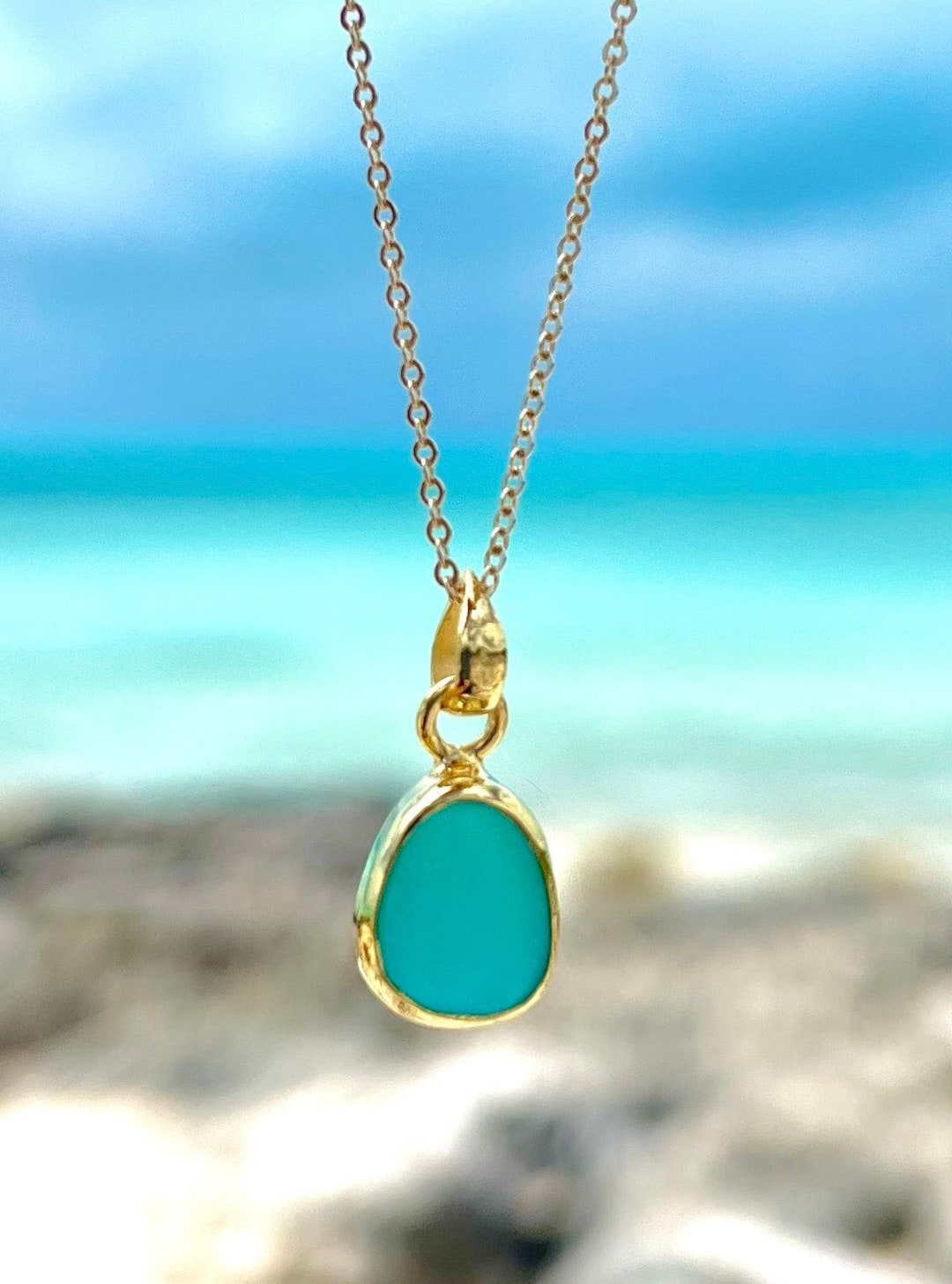 Petite Gold Sea Glass Pendant Necklace 24k Gold Plated Teal Green Beach ...