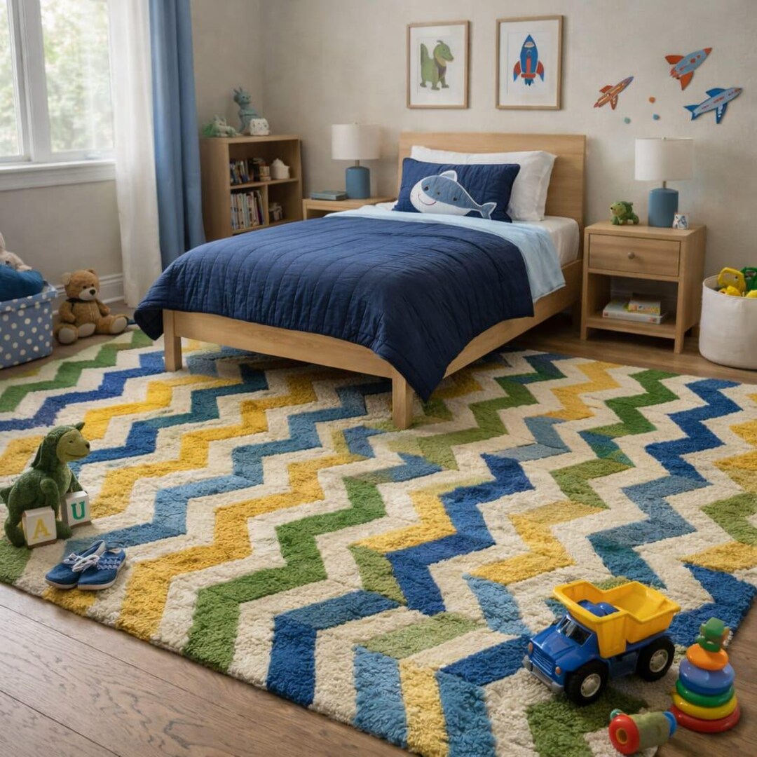 Hand Tufted Chevron Area Rug | Modern Blue Green Zigzag Carpet - Etsy