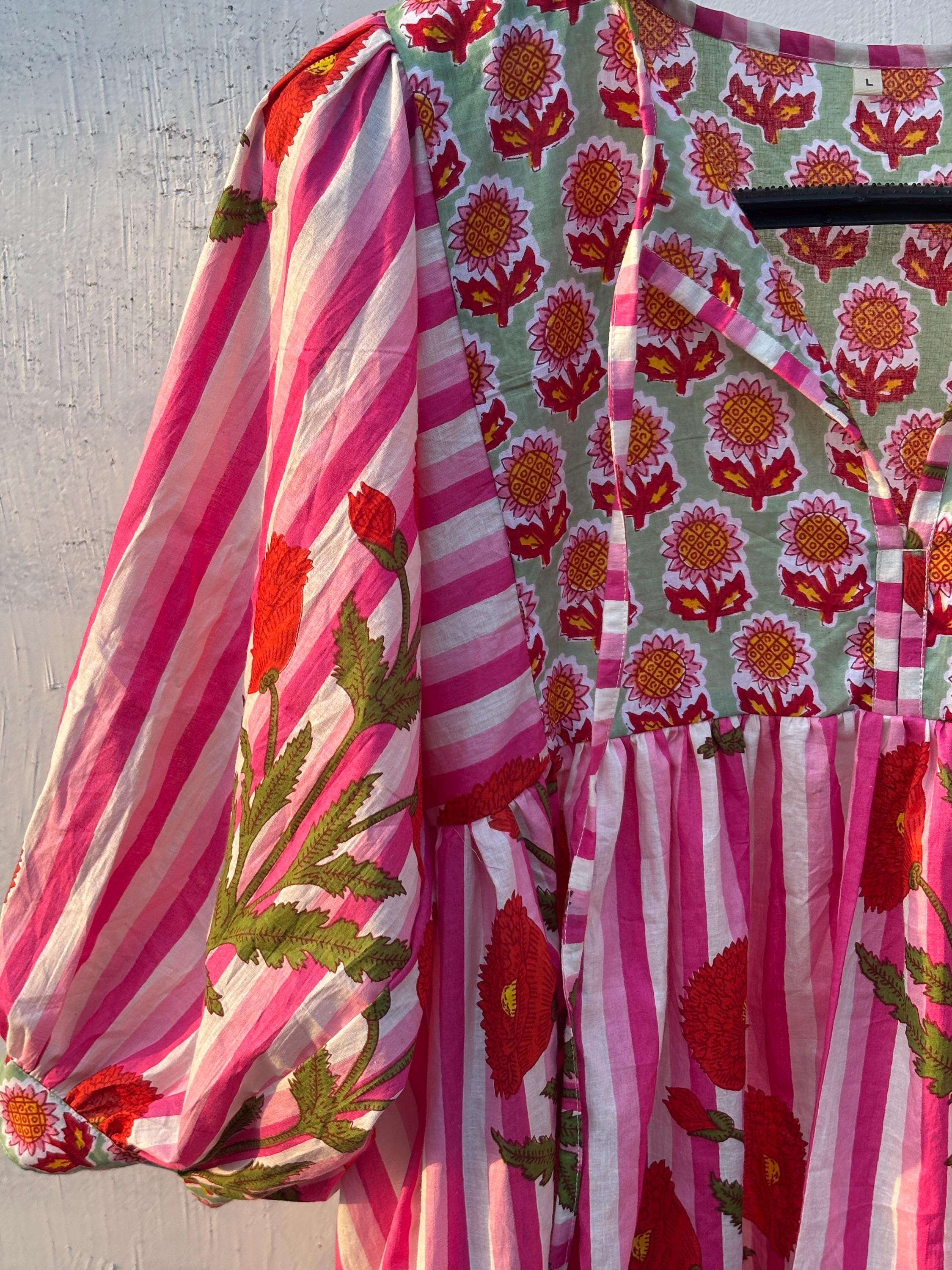 Pink Block Print Cotton Dress, Boho Summer Dress, Indian Floral Dress ...