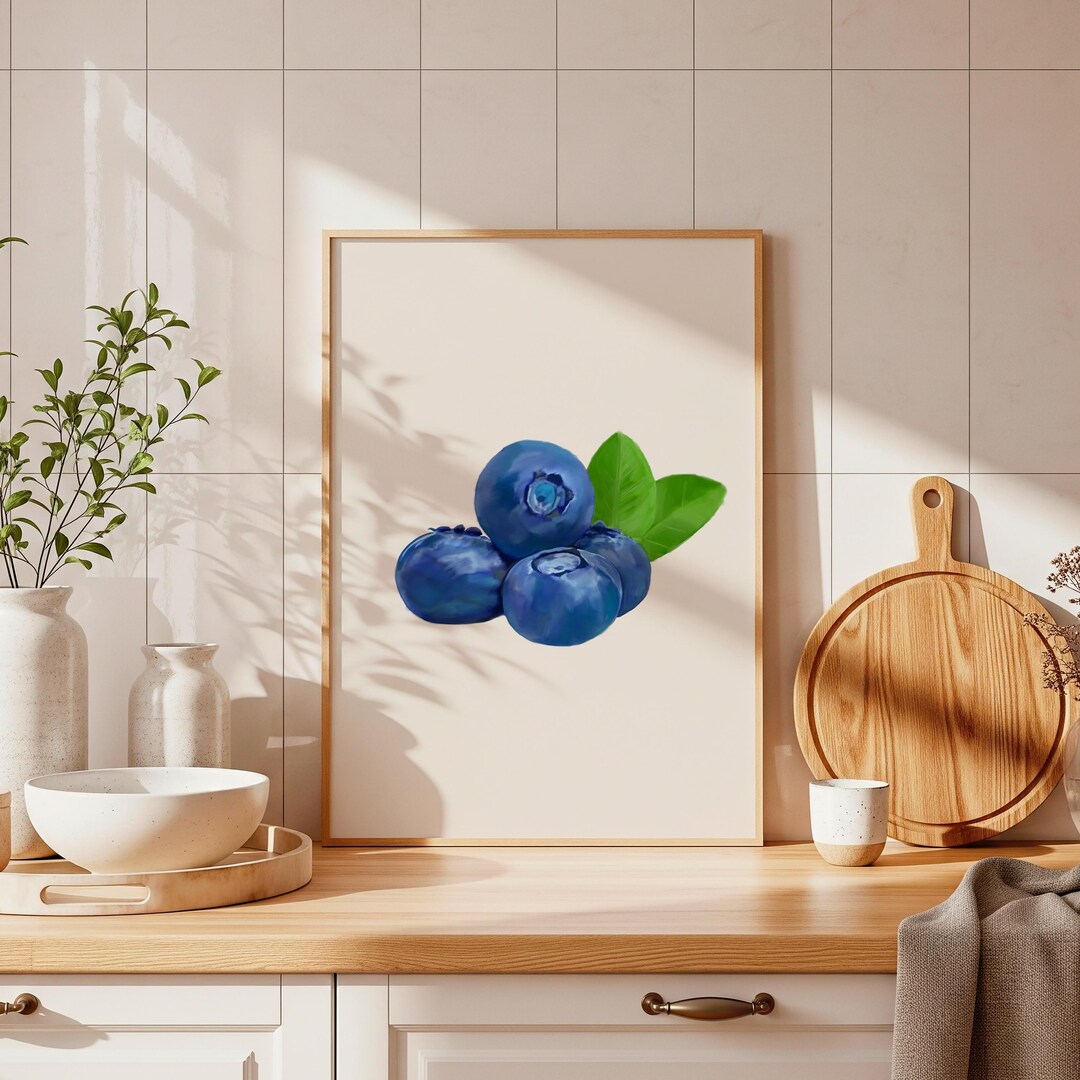 Blueberry Kitchen Wall Art Printable, Minimal Food Illustration, Modern ...